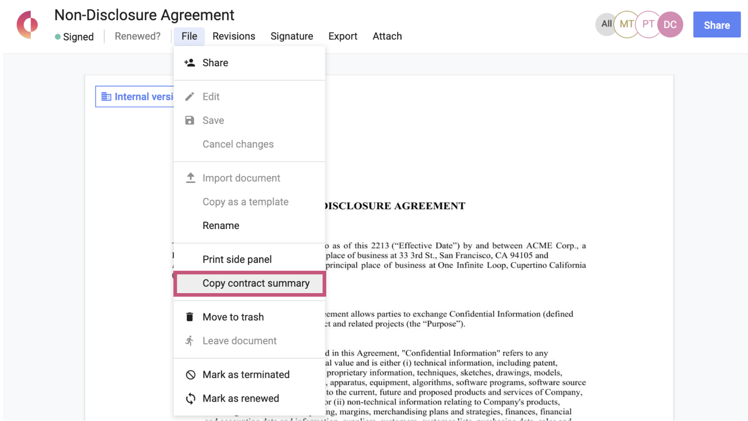 Copy Contract Summary from a Signed Document